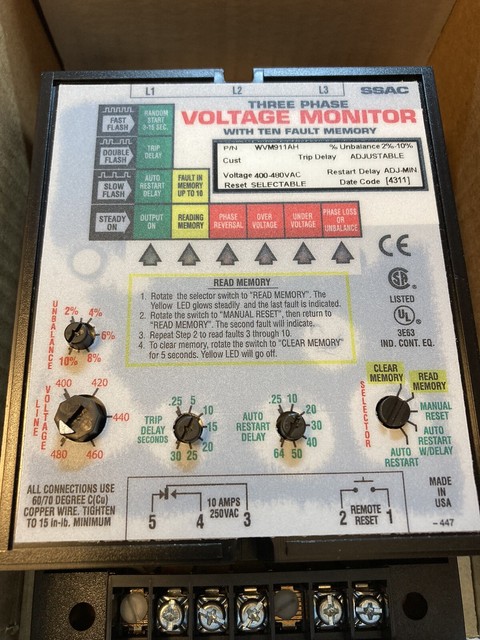SSAC WVM911AH 3 Phase Voltage Monitor 400-480 VAC for sale online | eBay