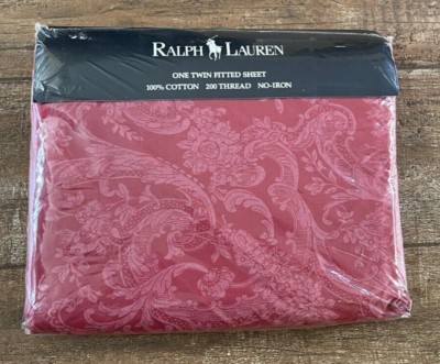 Twin Fitted Ralph Lauren Avery Coastal Red Sheet 100% Cotton Damask ...