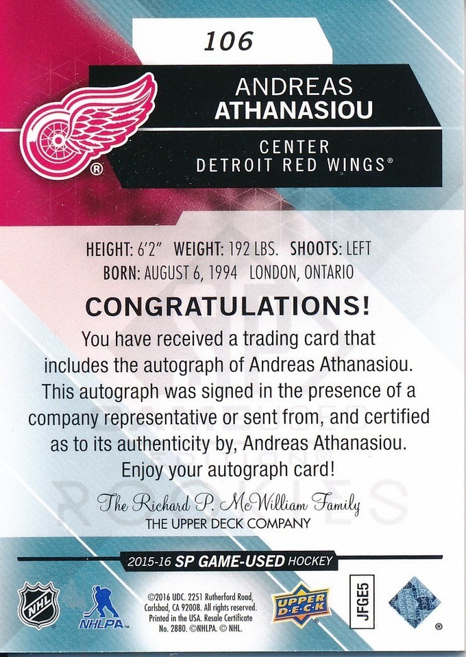 2015/16 SP Game Used 106 Andreas Athanasiou Blue Authentic Rookies Auto ...