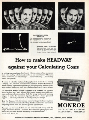 1953 Monroe Adding Machines: Headway Calculating Costs Vintage Print Ad ...