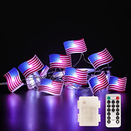 American Flag String Lights with Remote Battery Operated & USB Plug in ...