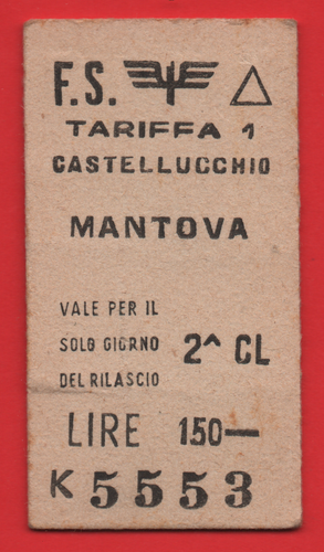 BIGLIETTO TRENO FERROVIA EDMONSON CASTELLUCCHIO MANTOVA LIRE 150 N°23 ...