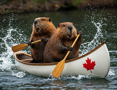 Two Canadian Beavers paddling a white canoe - art print | eBay