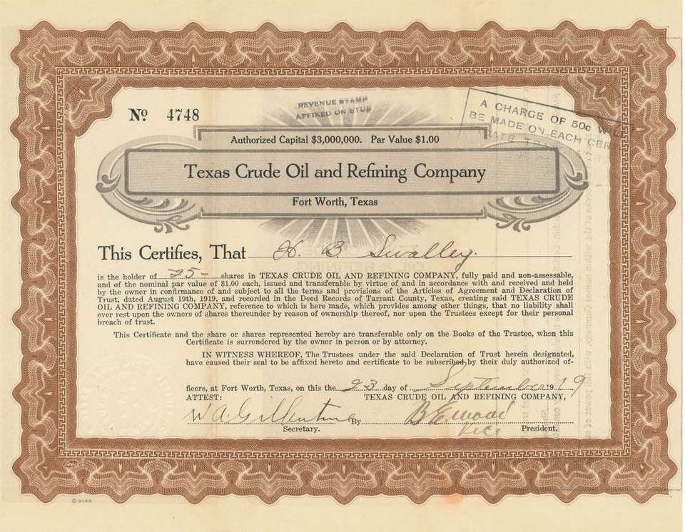 Texas Crude Oil and Refining Co. - Stock Certificate - Oil Stocks and ...
