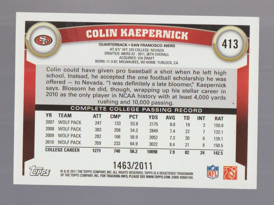 COLIN KAEPERNICK 49ers 2011 Topps GOLD Rookie Card #413 SP RC #1463/ ...