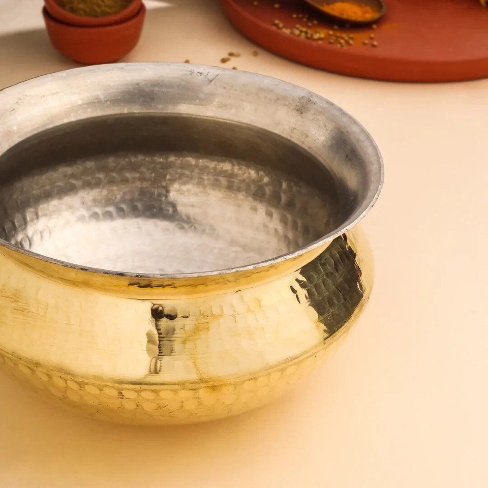 Heavy Bottom Hammered Finish Brass Biryani Rice Cooking Pot, 4.5 Liter ...