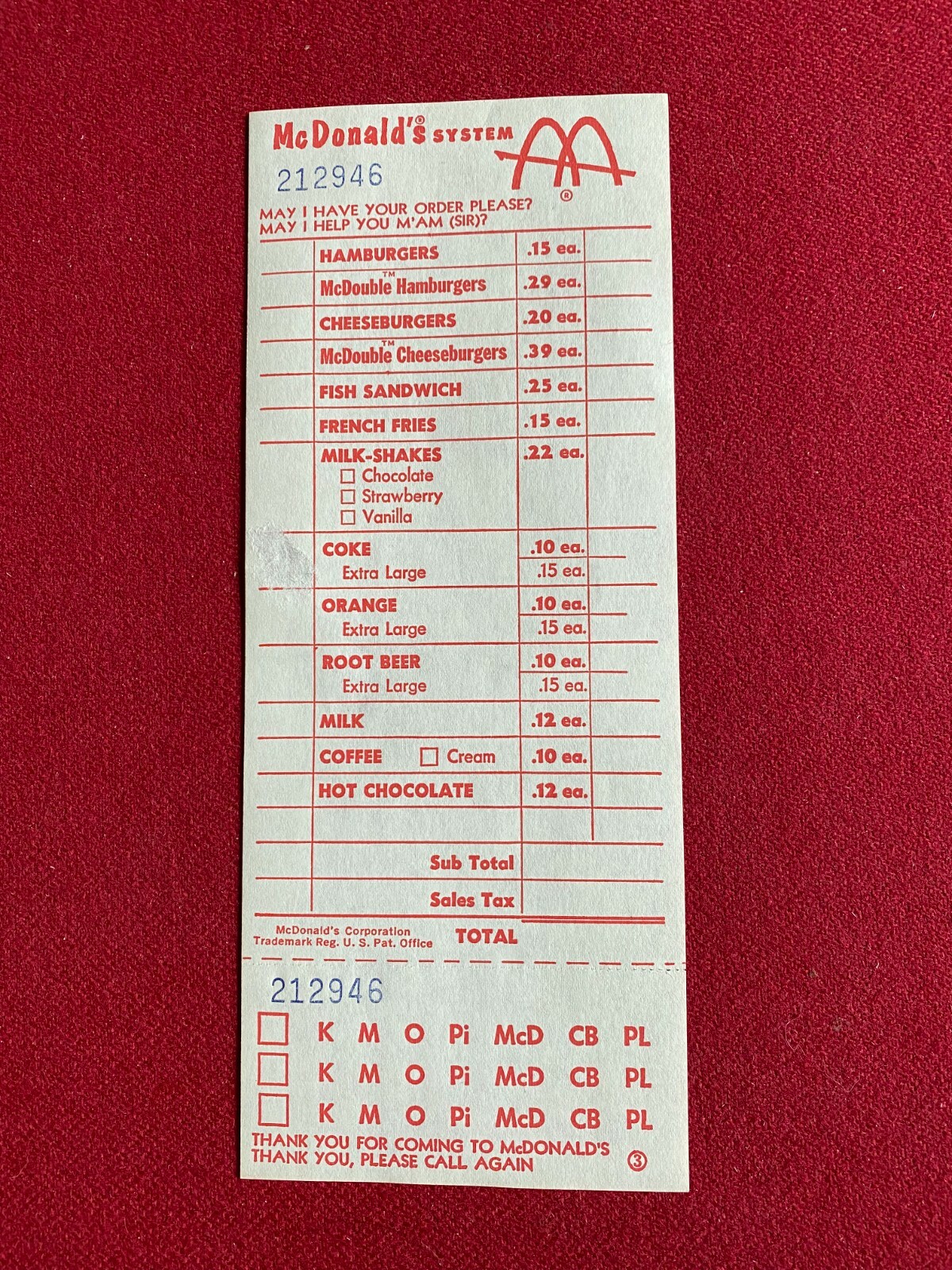 1960's, McDonald's, "Un-Used" Menu Order Sheet (Slash Logo) RARE ...