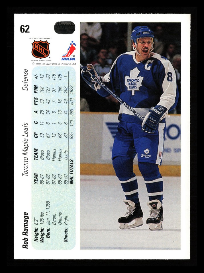Rob Ramage 1990-91 Upper Deck Hockey NHL #62a Toronto Maple Leafs | eBay