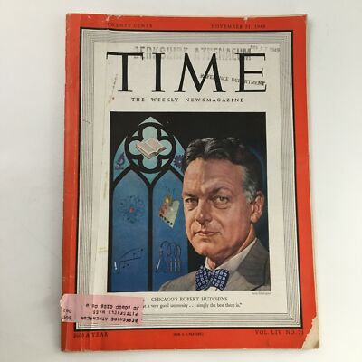 Time Magazine November 21 1949 Vol 54 #21 Educator Robert Maynard ...