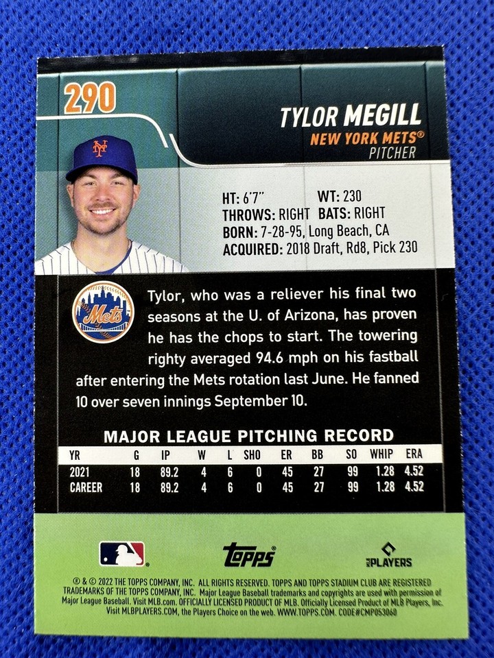2022 #290 Tylor Megill Topps Stadium Club Baseball RC New York Mets | eBay