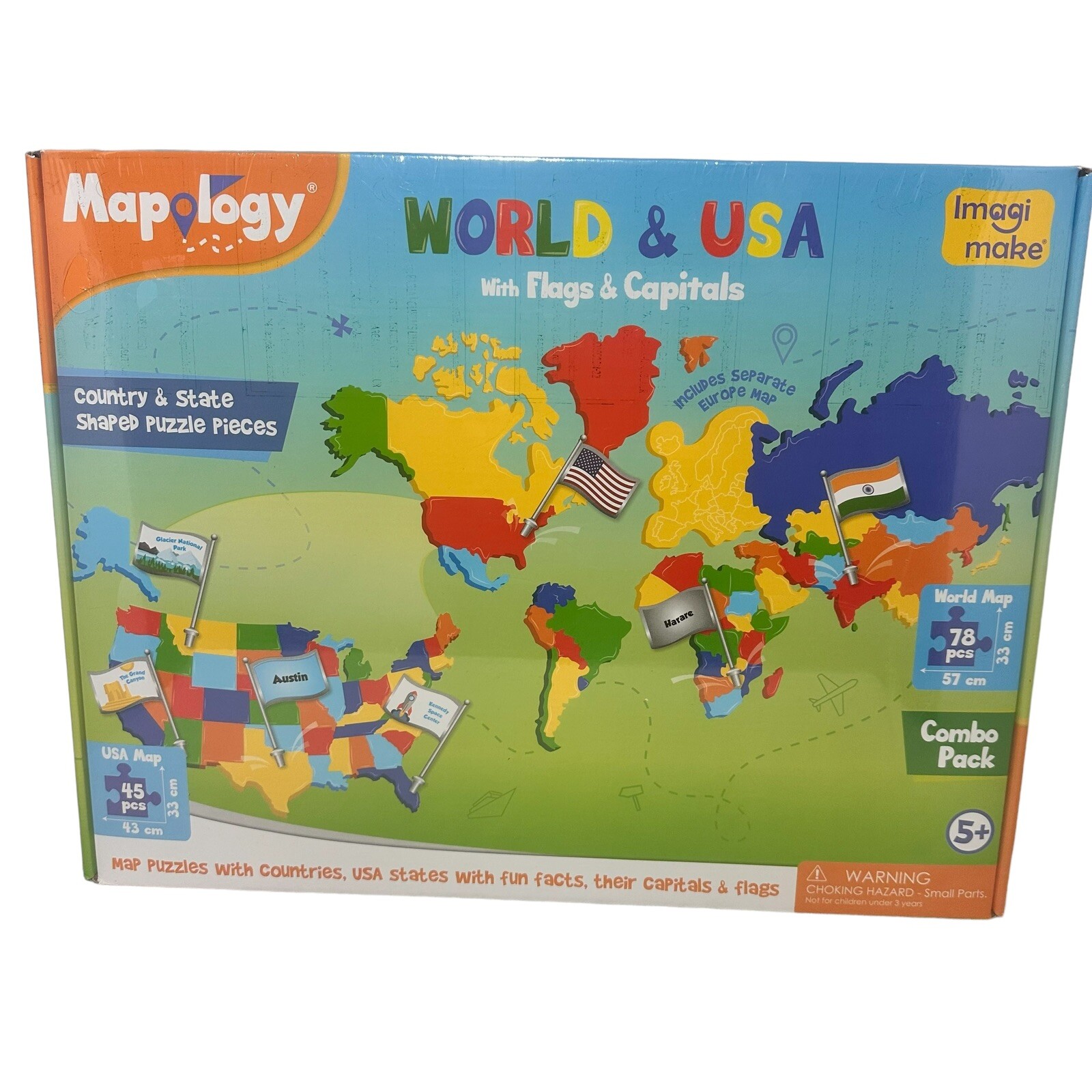 Mapology USA & World Map Puzzle with Flags, Capitals, Stickers Combo ...
