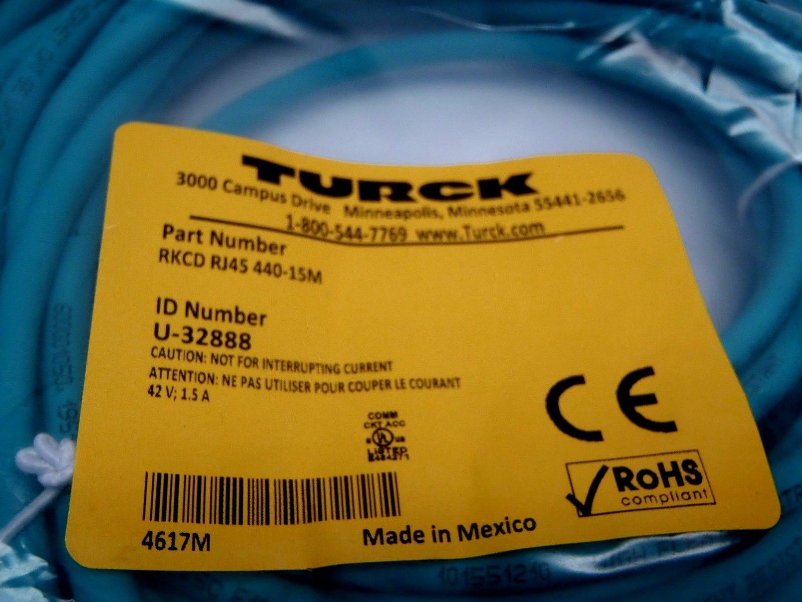 Turck RKCD RJ45 440-15M U-32888 Hybrid Network to 4 Female End Cordset ...