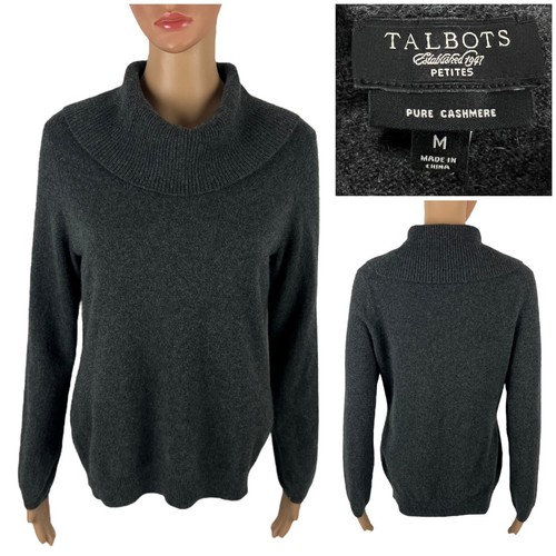 Talbots Womens Medium Petite Sweater Gray 100% Pure Cashmere Knit Cowl ...
