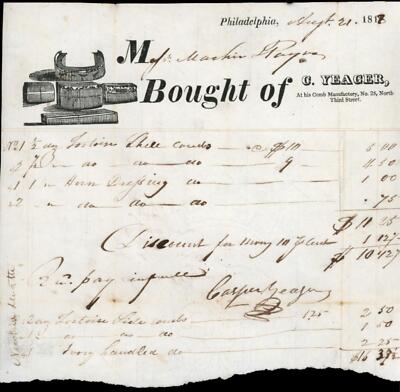 1818 PHILADELPHIA COMB MAKER RECEIPT WITH PICTORIAL VIGNETTE | eBay