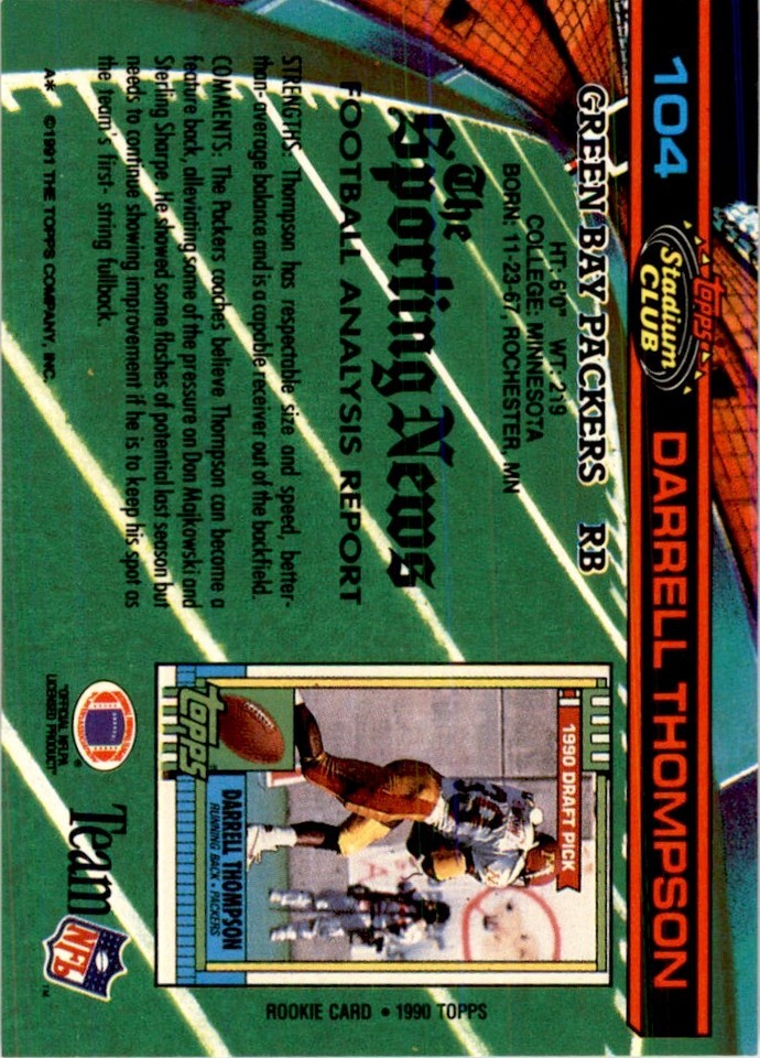1991 Stadium Club Darrell Thompson . Green Bay Packers #104 | eBay