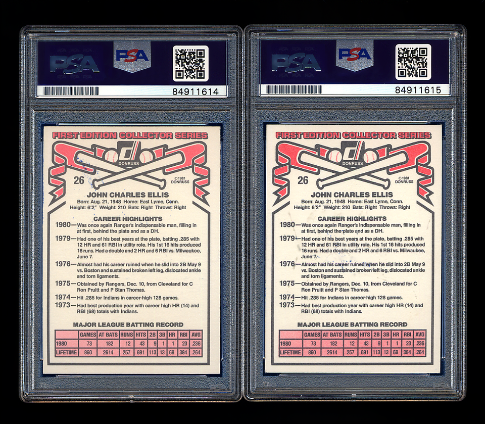 JOHN ELLIS SIGNED 1981 DONRUSS #26 ERROR & CORRECTED CARDS PSA/DNA ...