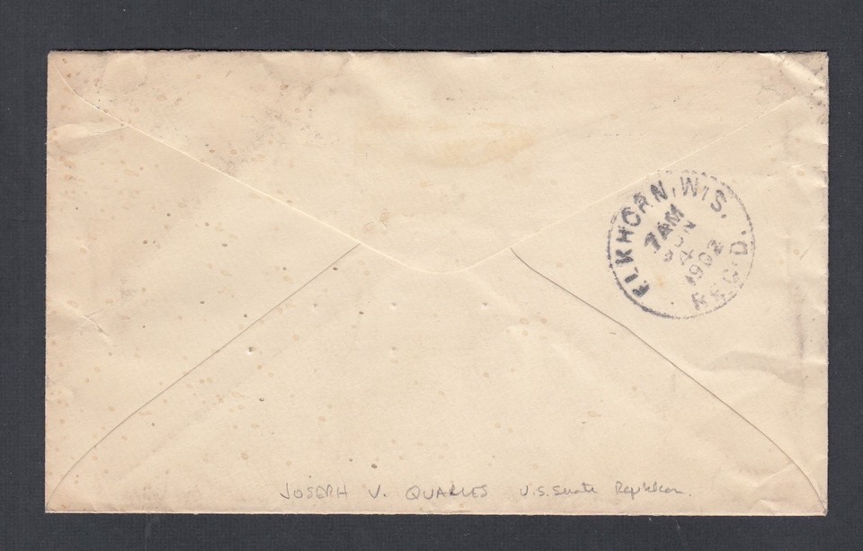 USA 1902 SENATE JOSEPH V QUARLES FREE FRANK COVER WASHINGTON DC TO ...
