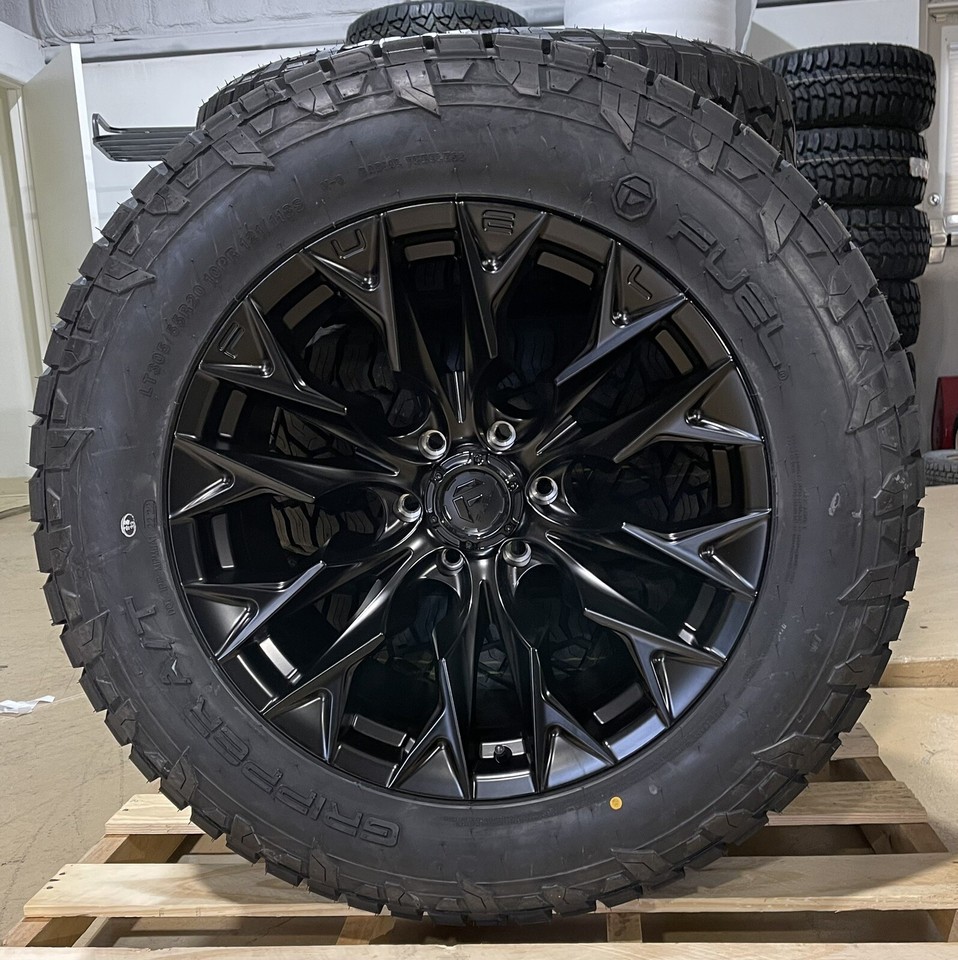 4 20x10 Fuel Flame D804 Black Wheels 33 Fuel AT Tires 6X5.5 Chevy ...