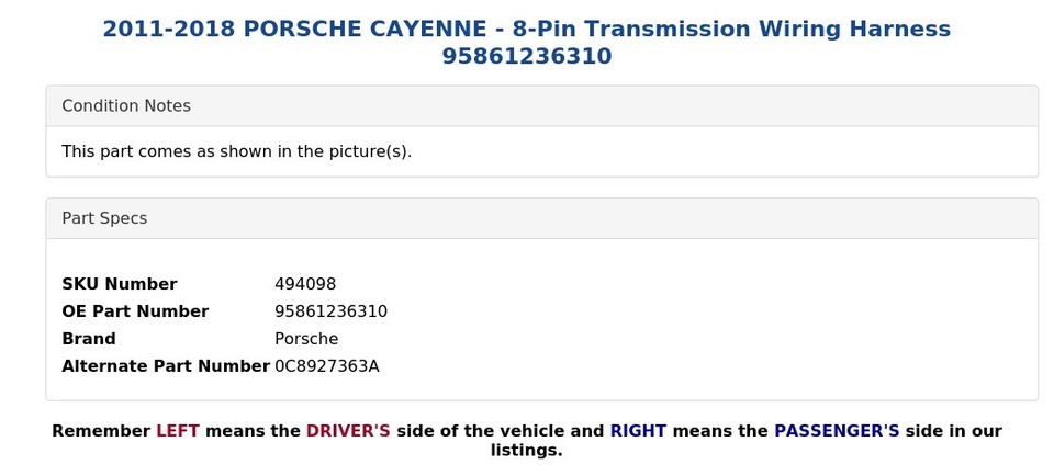 2011-2018 PORSCHE CAYENNE - 8-Pin Transmission Wiring Harness ...