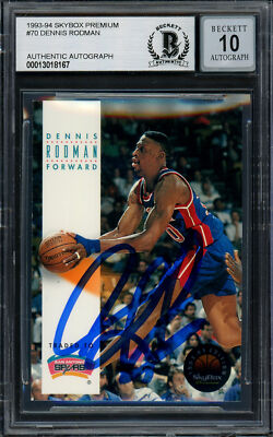 DENNIS RODMAN AUTOGRAPHED 1993-94 SKYBOX CARD PISTONS GEM 10 AUTO ...