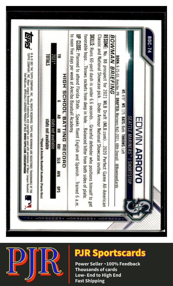 2021 Bowman Draft #BDC-74 Edwin Arroyo Seattle Mariners 12 Chrome | eBay