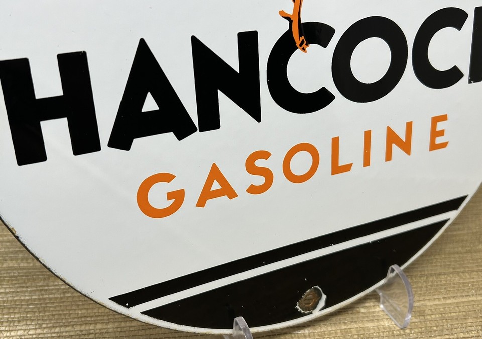 VINTAGE HANCOCK GASOLINE PORCELAIN SIGN DEALERSHIP GAS STATION MOTOR ...