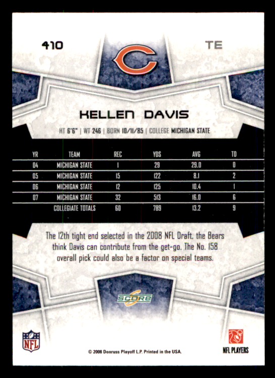 2008 Score Kellen Davis RC #410 Chicago Bears | eBay