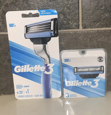 NEW GILLETTE3 RAZOR with Aqua-Grip Handle. 1 handle & 5 cartridges FREE ...