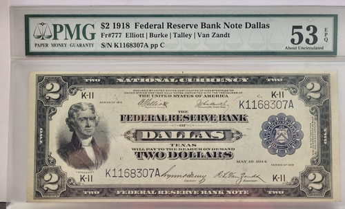 1918 $2 Federal Reserve of Dallas, Battleship Bank Note PMG 53 See Pic ...