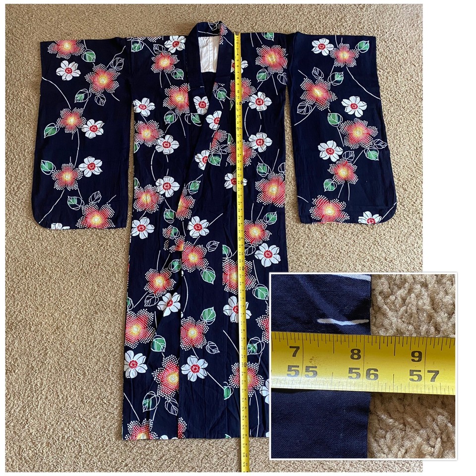 (S) Blue YUKATA Furisode Style Cotton kimono indigo Flower White Red ...