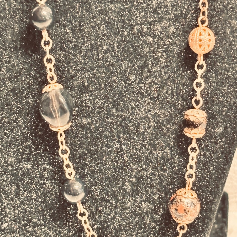 LIZ CLAIBORNE necklace black gold grey acrylic metal beads goldtone ...