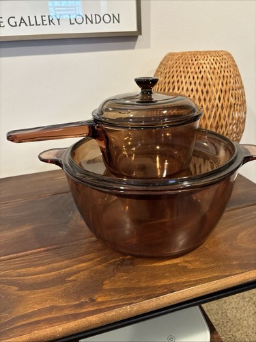 Vintage Vision Corning Ware Amber Glass Cookware 4 Piece Set Pyrex | eBay