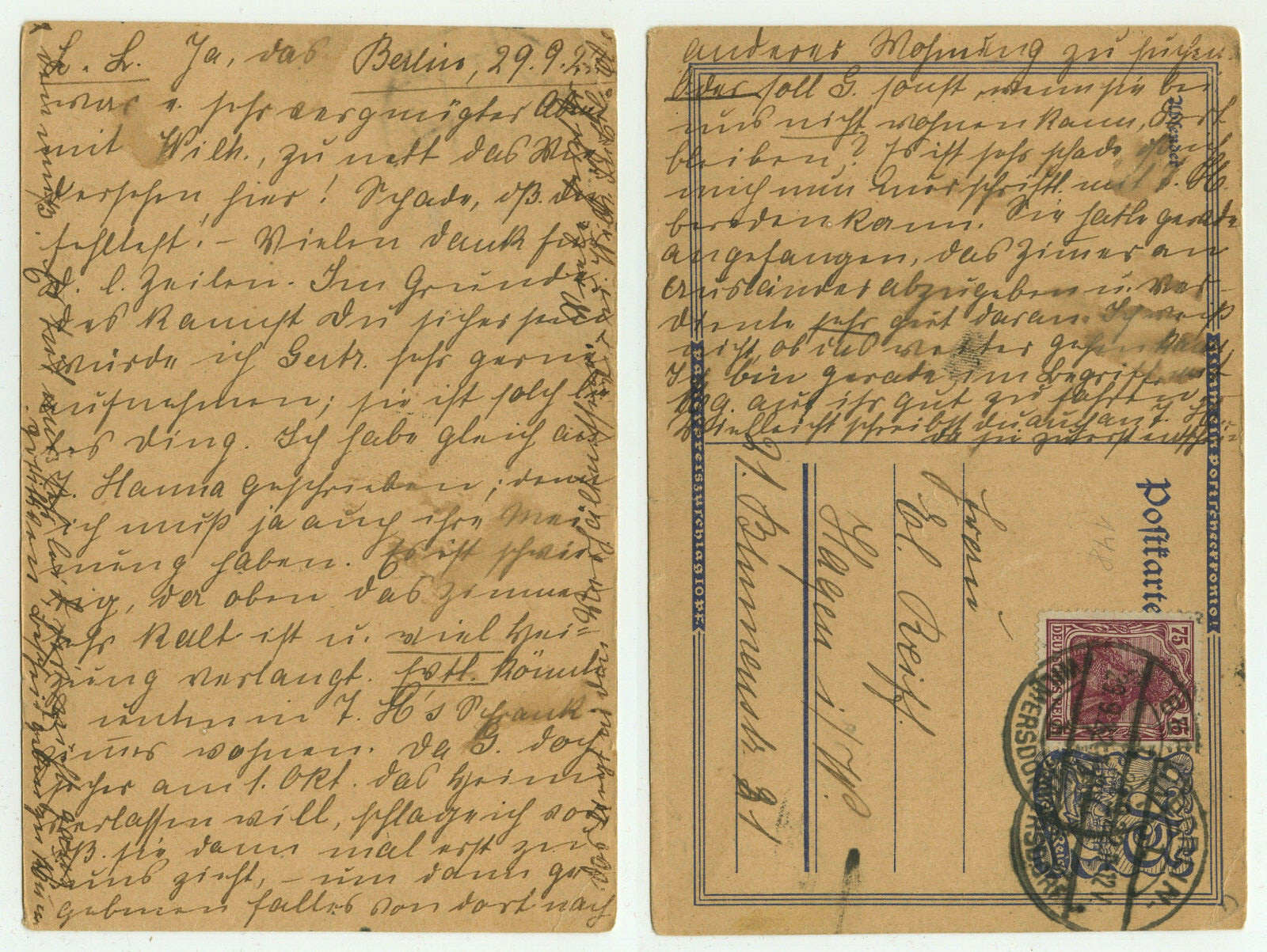 81139 - Ganzsache P 146 - ZuF - Berlin-Wilmersdorf 29.9.1922 nach Hagen ...