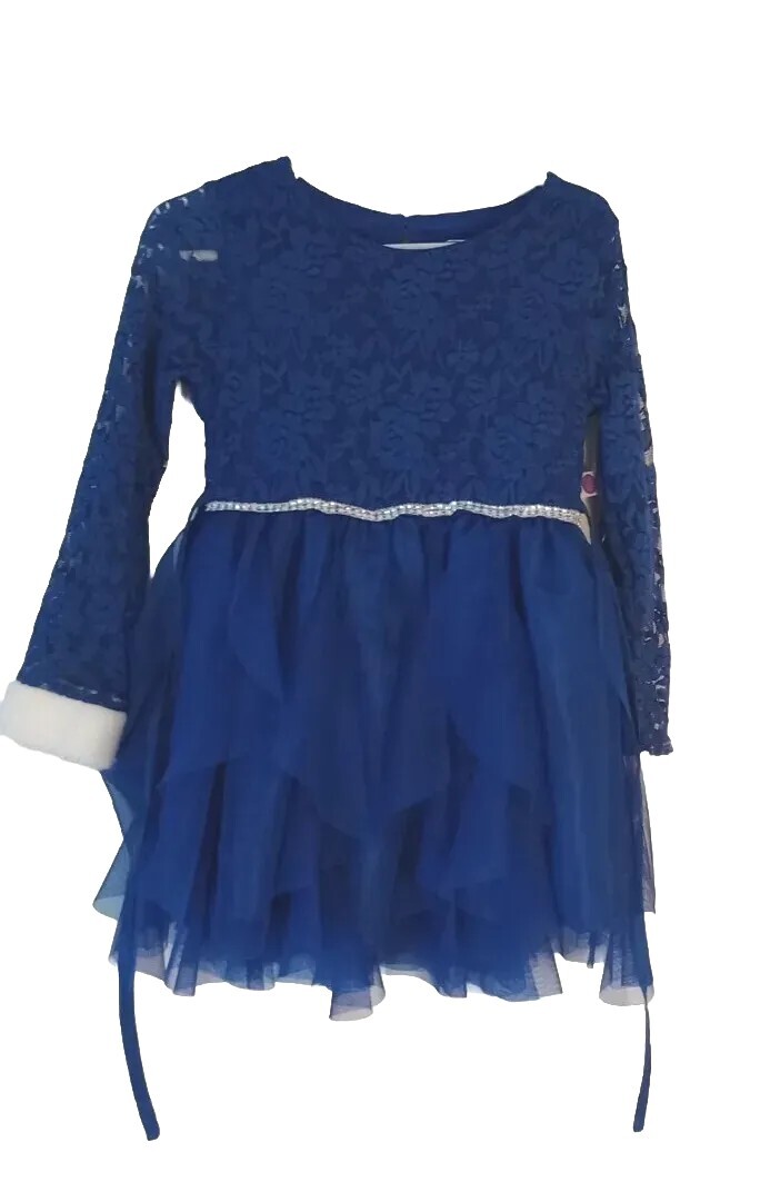 Dollie & Me Girls Top/Dress SZ 5 Blue Lace, Chiffon, Faux Fur & Silver ...