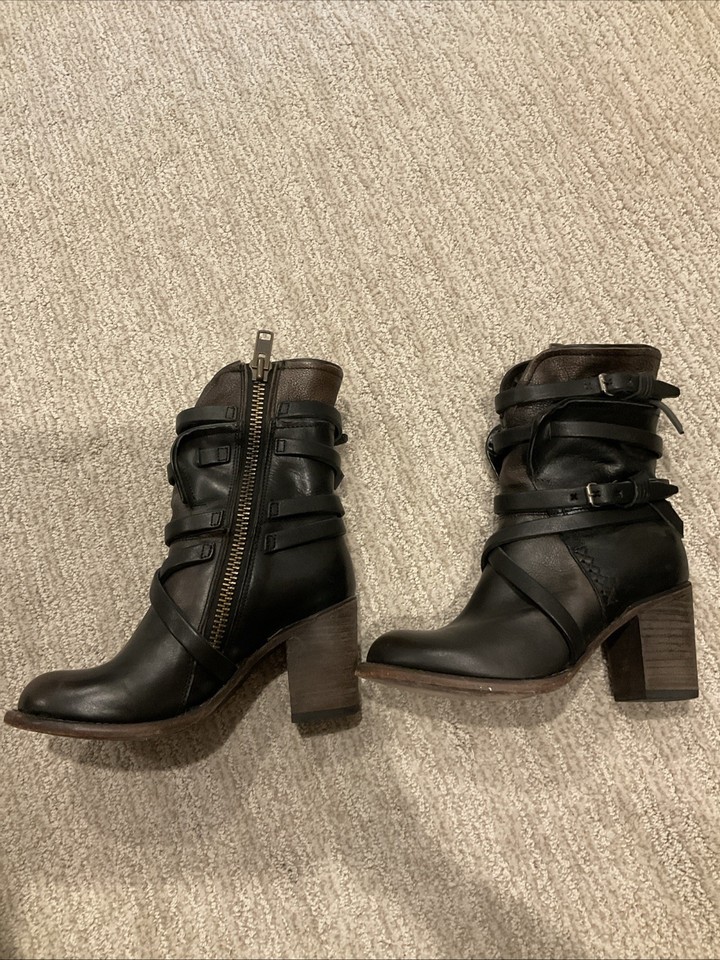 Freebird by Steven Baker Brown Leather Strap Biker Heel Western Boots ...