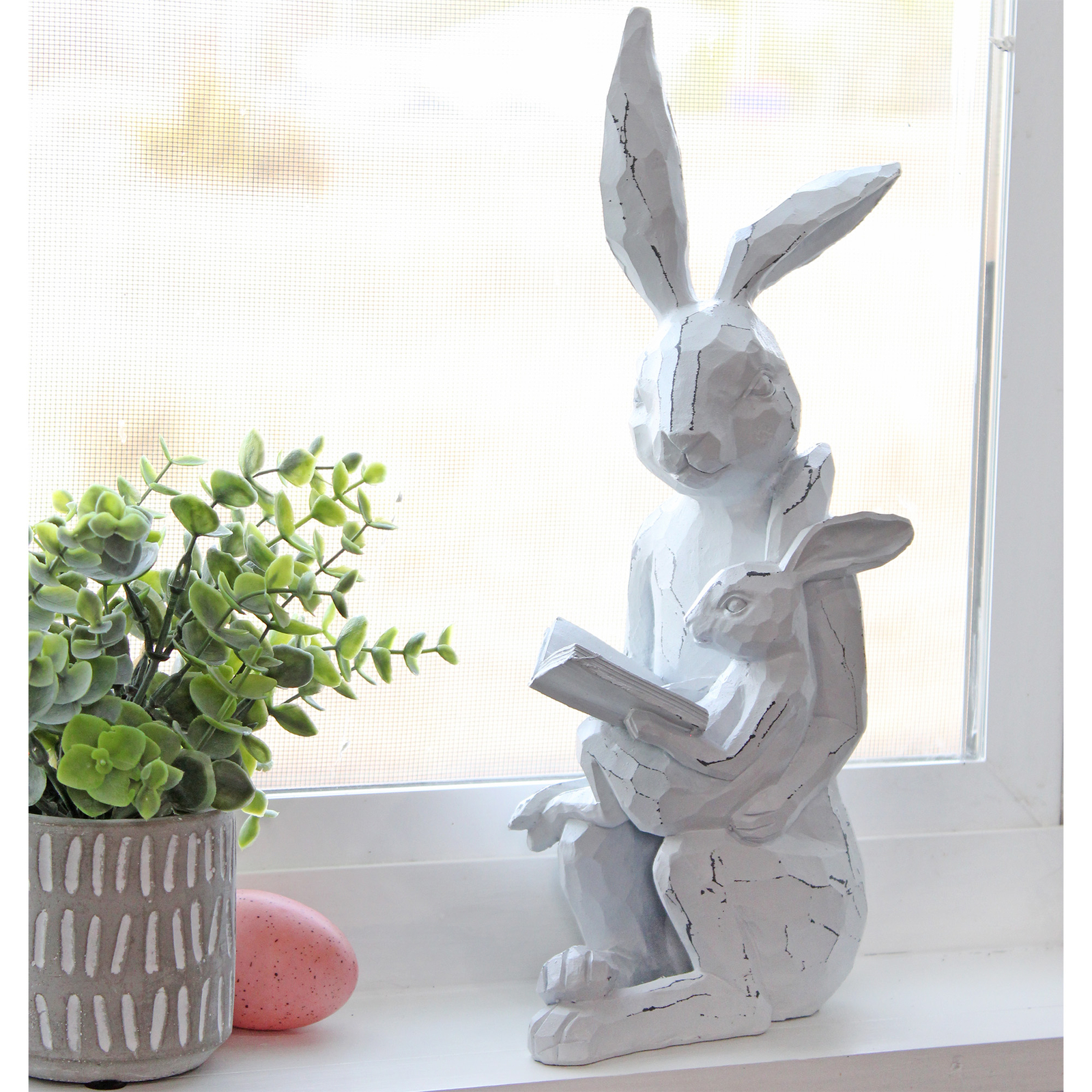 Easter Reading Rabbit Figurine with Baby Rabbit, Farmhouse White Bunny ...