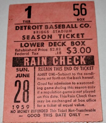 DETROIT BASEBALL CO BRIGGS STADIUM LOWER DECK BOX SEASON TICKET RAIN ...