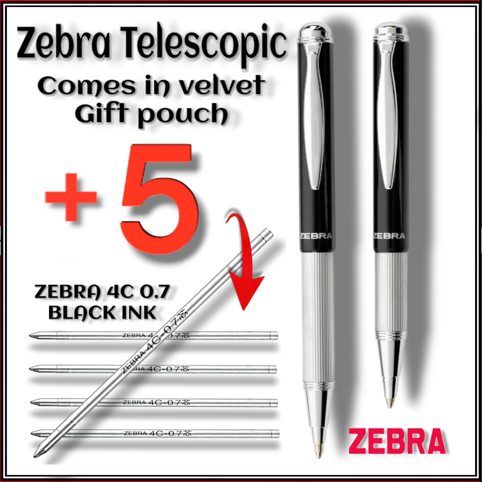 Zebra Telescopic BLACK Ballpoint Pen Black ink + 5 Zebra 4C ink refill ...