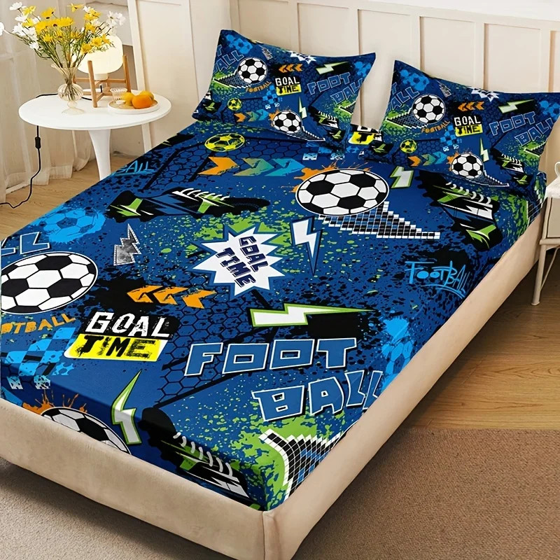 Fashion Cartoon Football Print Fitted Sheet Set Soft Comfortable ...