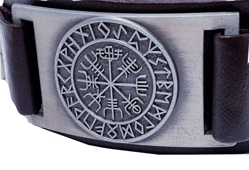 Viking Vegvisir Bracelet Leather Cuff Adjustable Wayfinder Compass Rune ...