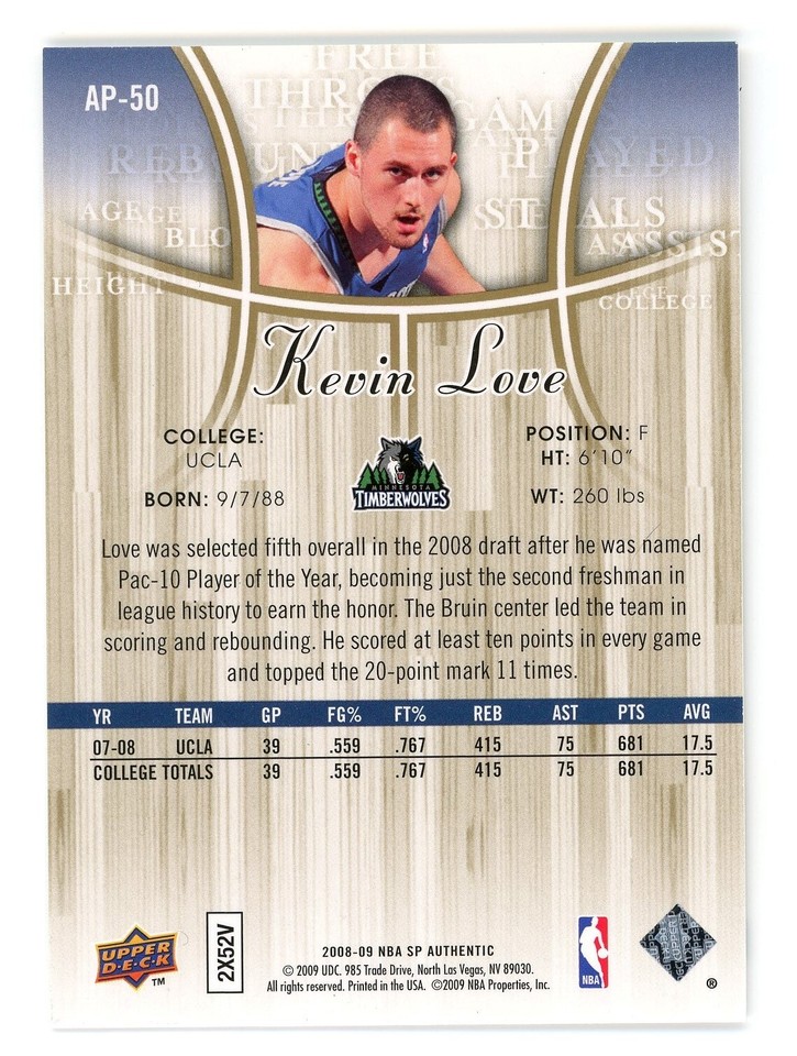 2008-09 SP Authentic Authentic Profiles AP-50 Kevin Love Rookie Card | eBay