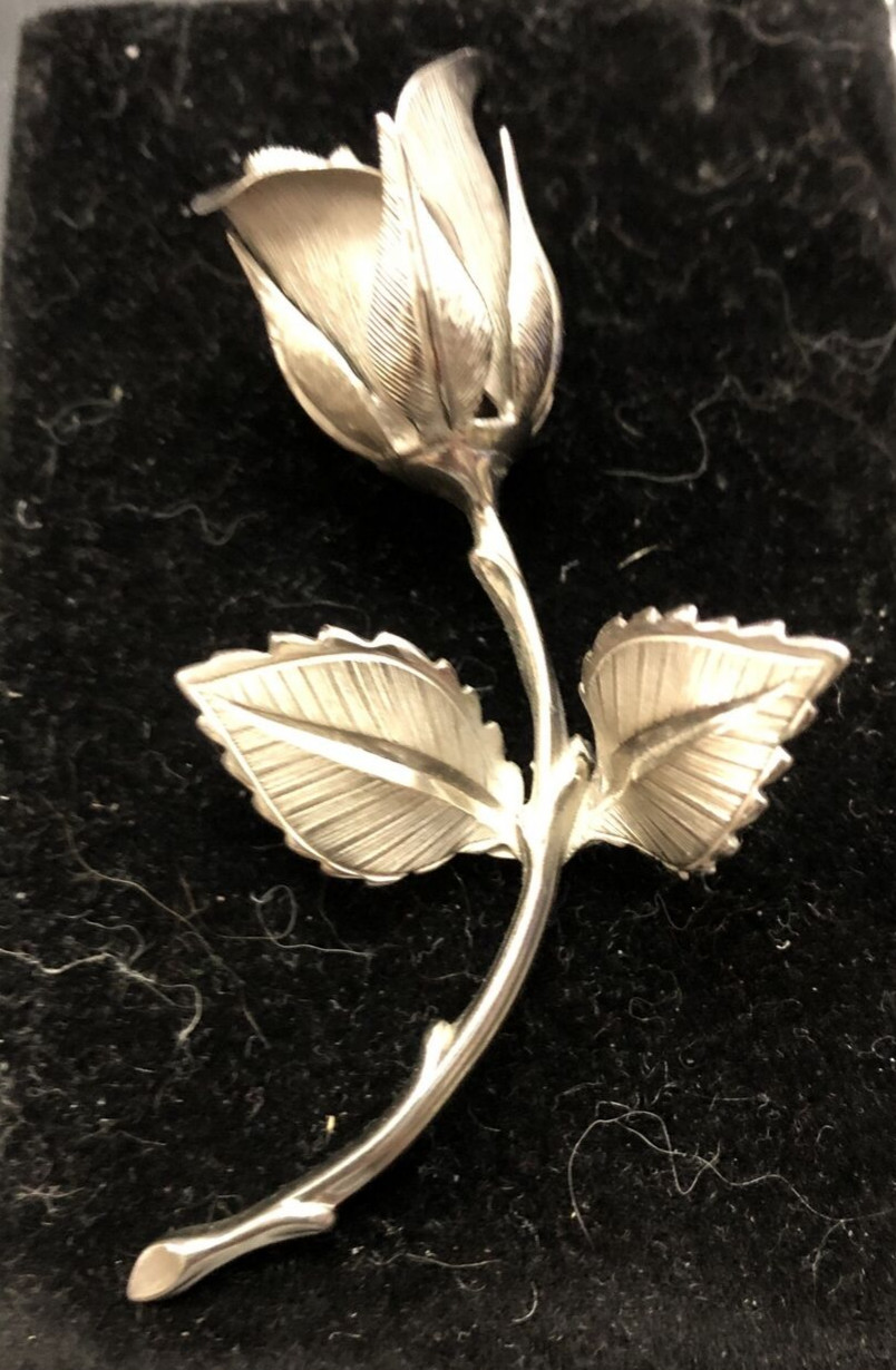 Vintage GIOVANNI Long Stem Rose Flower Brooch Pin Sil… - Gem