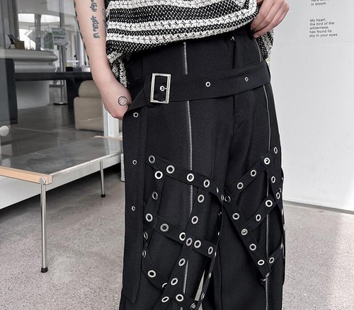 Hot Men's Fashion Punk Gothic Rivet Buckle Strap Black Trousers Party ...