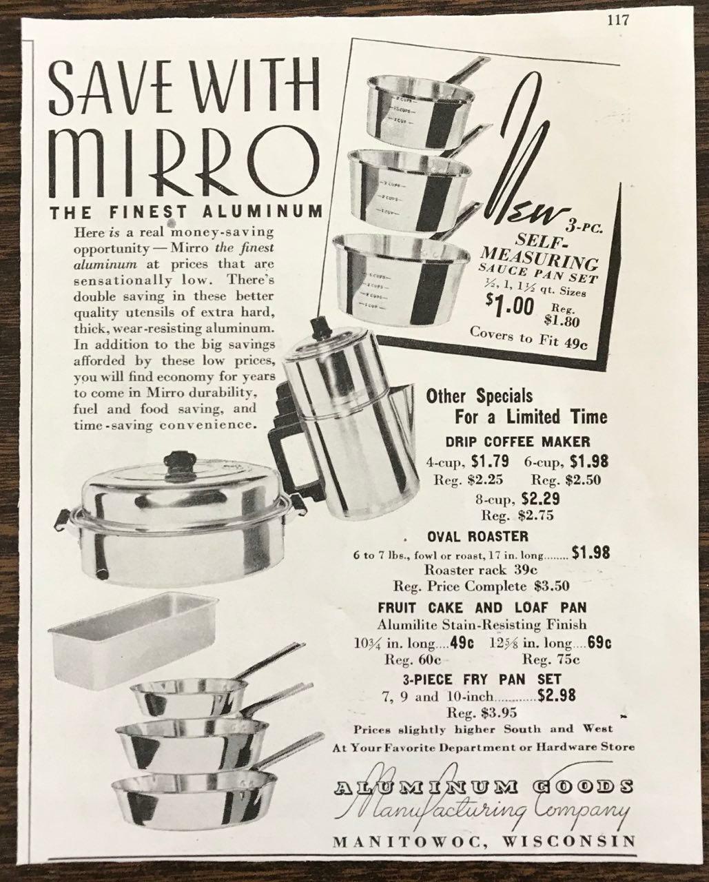 1935 Mirro Pots Pans Coffee Maker Measuring Cups Ad The Finest Aluminum ...