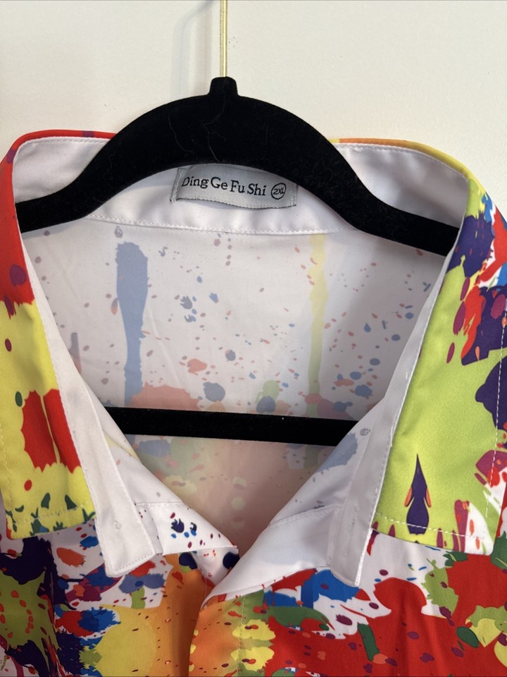 Ding Ge Fu Shi Shirt, Mens 2XL,White Paint Splatter Abstract Colorful ...