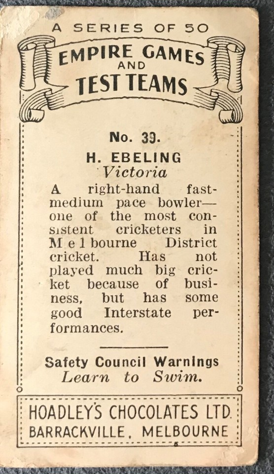 1932 Hoadleys Empire Games & Test Teams Card - H. Ebeling Victoria 39/ ...
