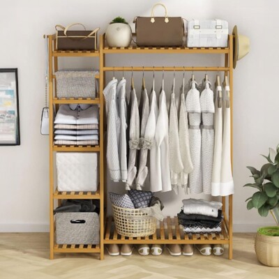 Neo Clothes Storage Rack Bamboo Garment with Shelf Hanging Rail | eBay UK