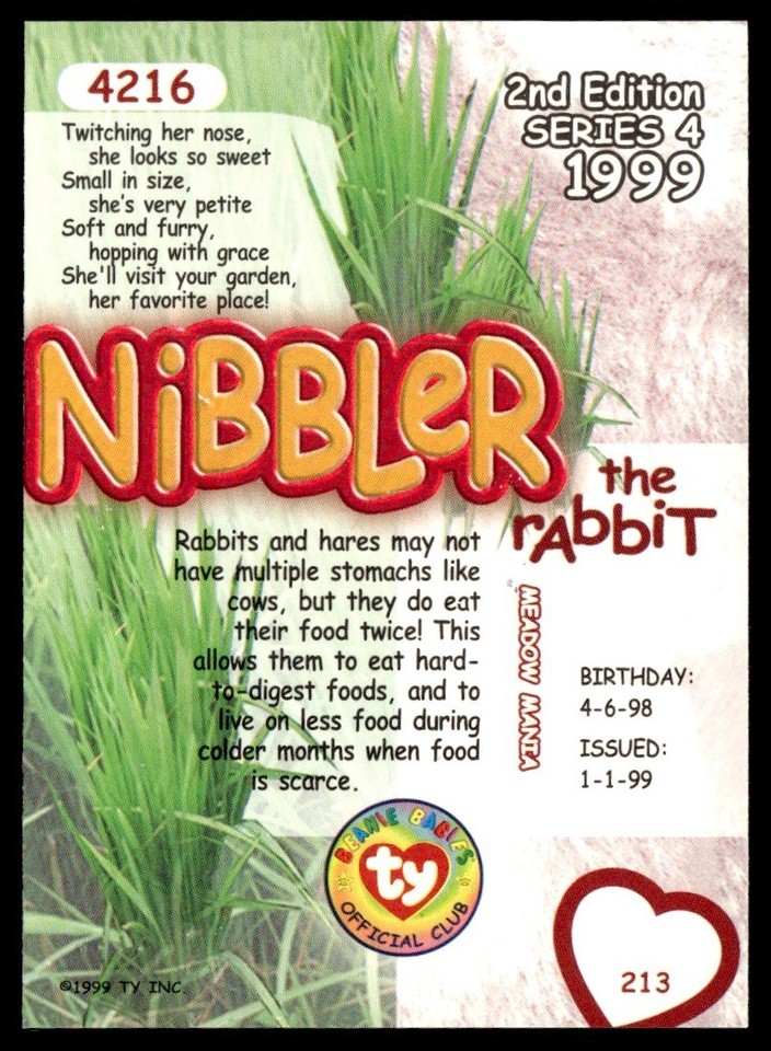 1999 Beanie Babies 2nd Edition Series 4 Nibbler the Rabbit #213 | eBay