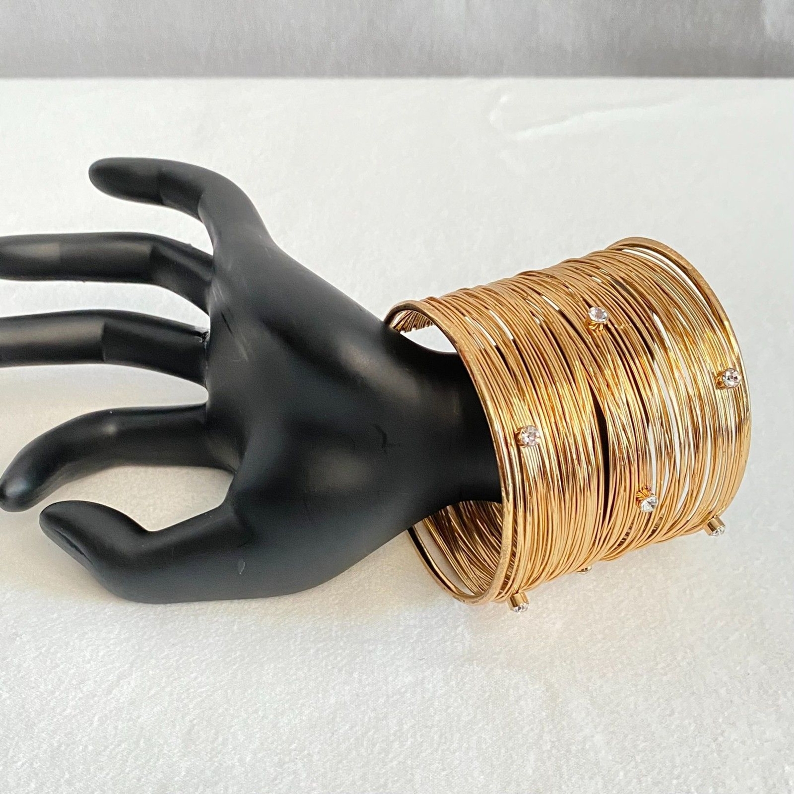 Layered Cuff Bracelet Wide Gold Tone Wire Studdded Rh… - Gem