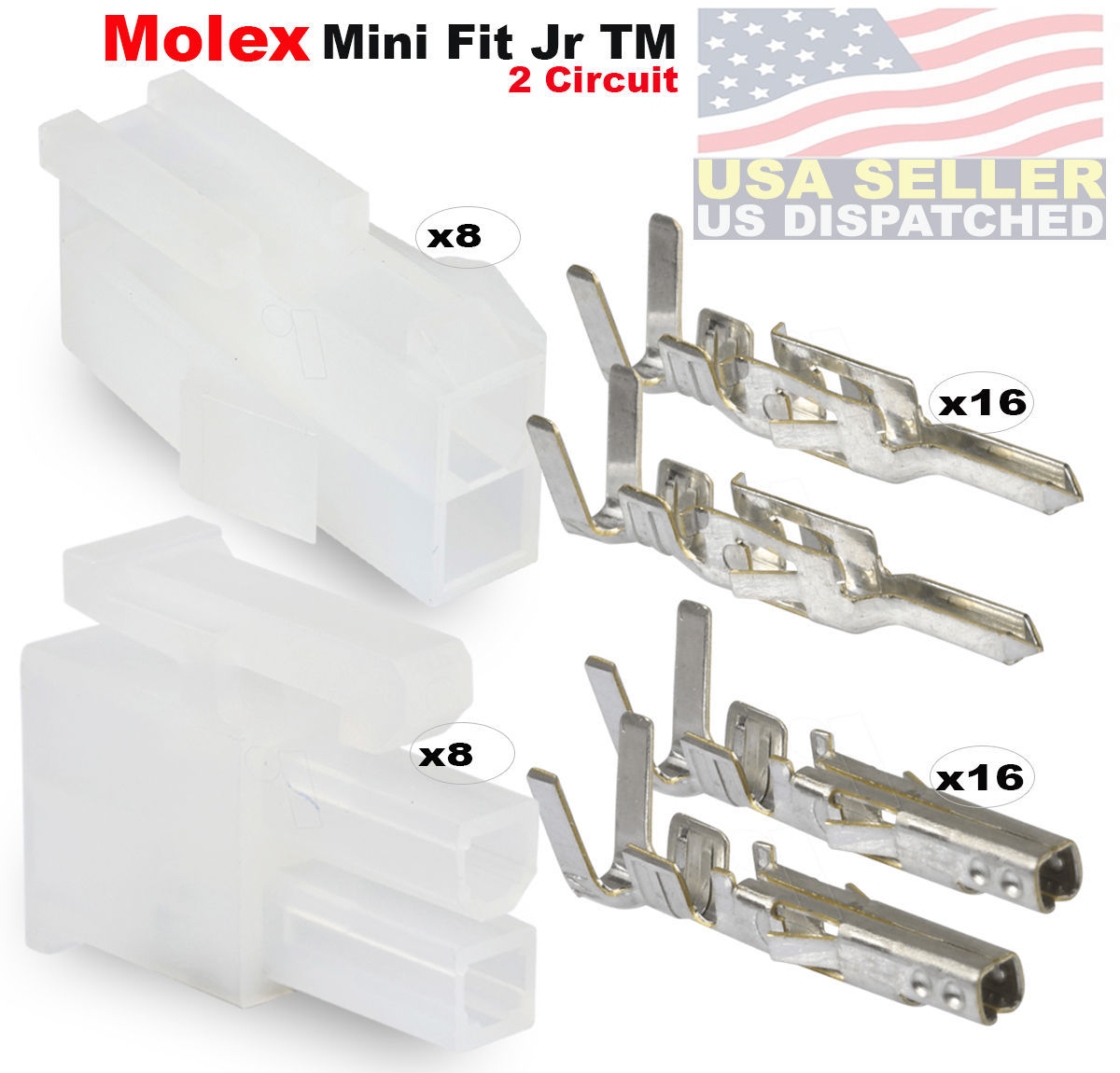 Molex 2 Pin Connector Lot, 8 Matched Sets, w/18-24 AWG w/ Pins Mini-Fit ...